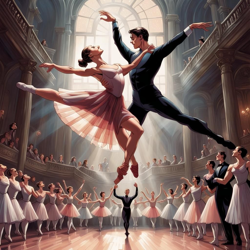 Male ballet dancer holds female ballet dancer in the air to the music ...
