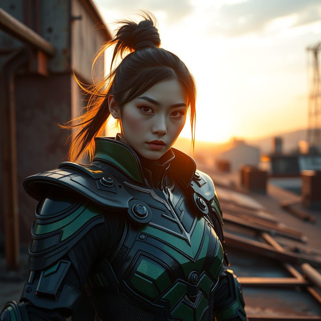 Korean Superhero in High-Tech Ninja Armor at Sunse... - AI Art