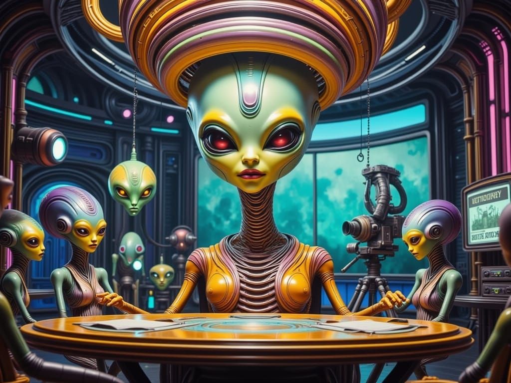 Alien hair salon - Surreal Alien Newscaster in Whimsical Sc...