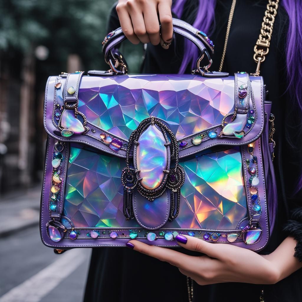 Ethereal purple holographic handbag with rainbow moonstones accents ...