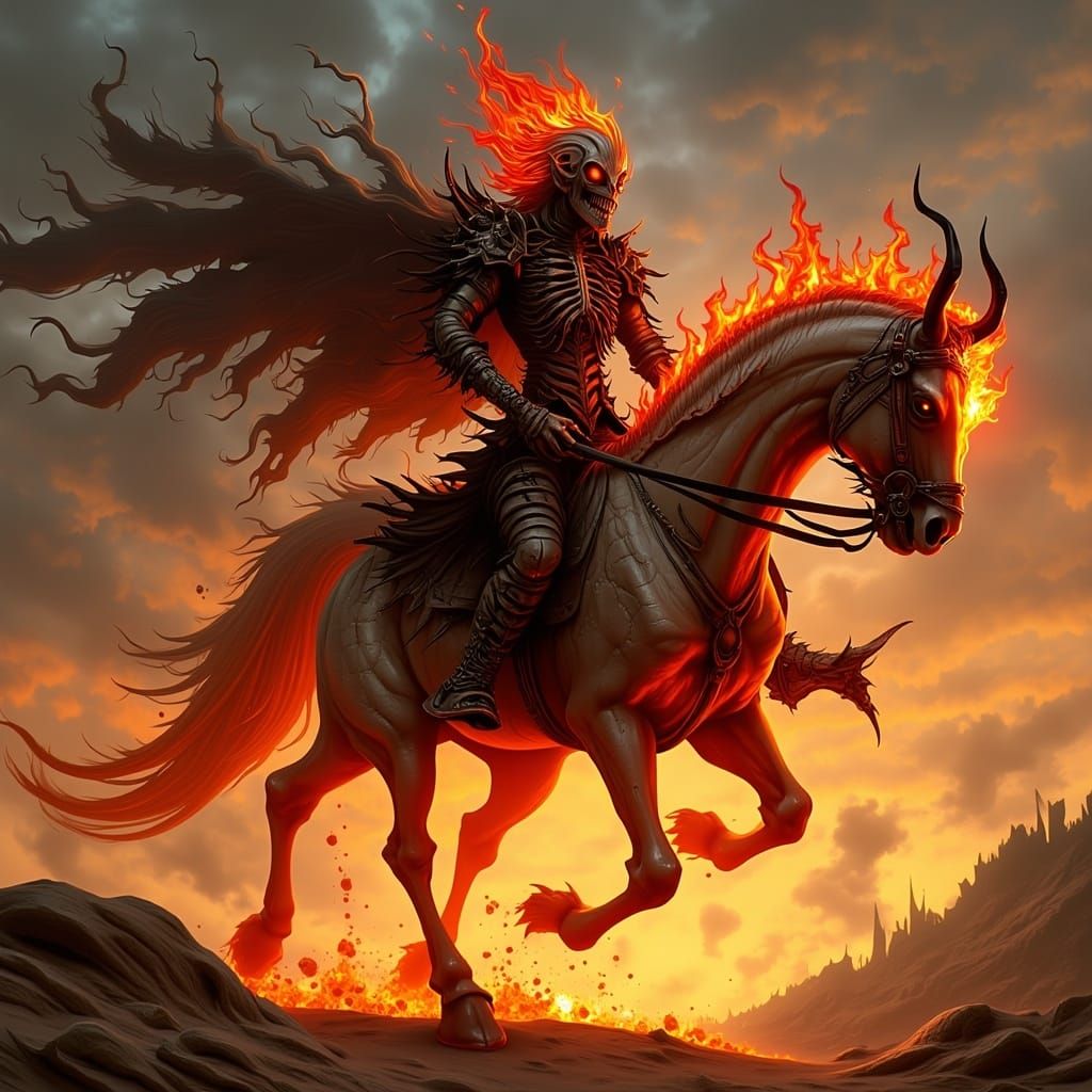 Skeletal Figure Rides a Horse of Fire Through a De... - AI Art