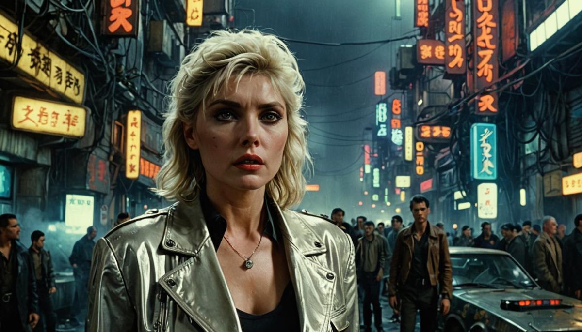 A beautiful science fiction cyberpunk noir scene of Debbie Harry, as ...