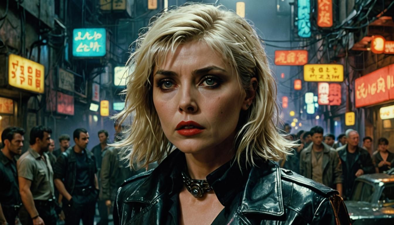 A beautiful science fiction cyberpunk noir scene of Debbie Harry, as ...
