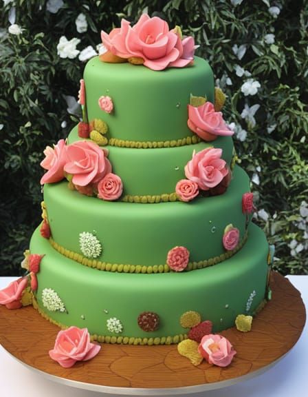 Multi-tiered wedding cake with green marzipan coating. - AI Generated ...