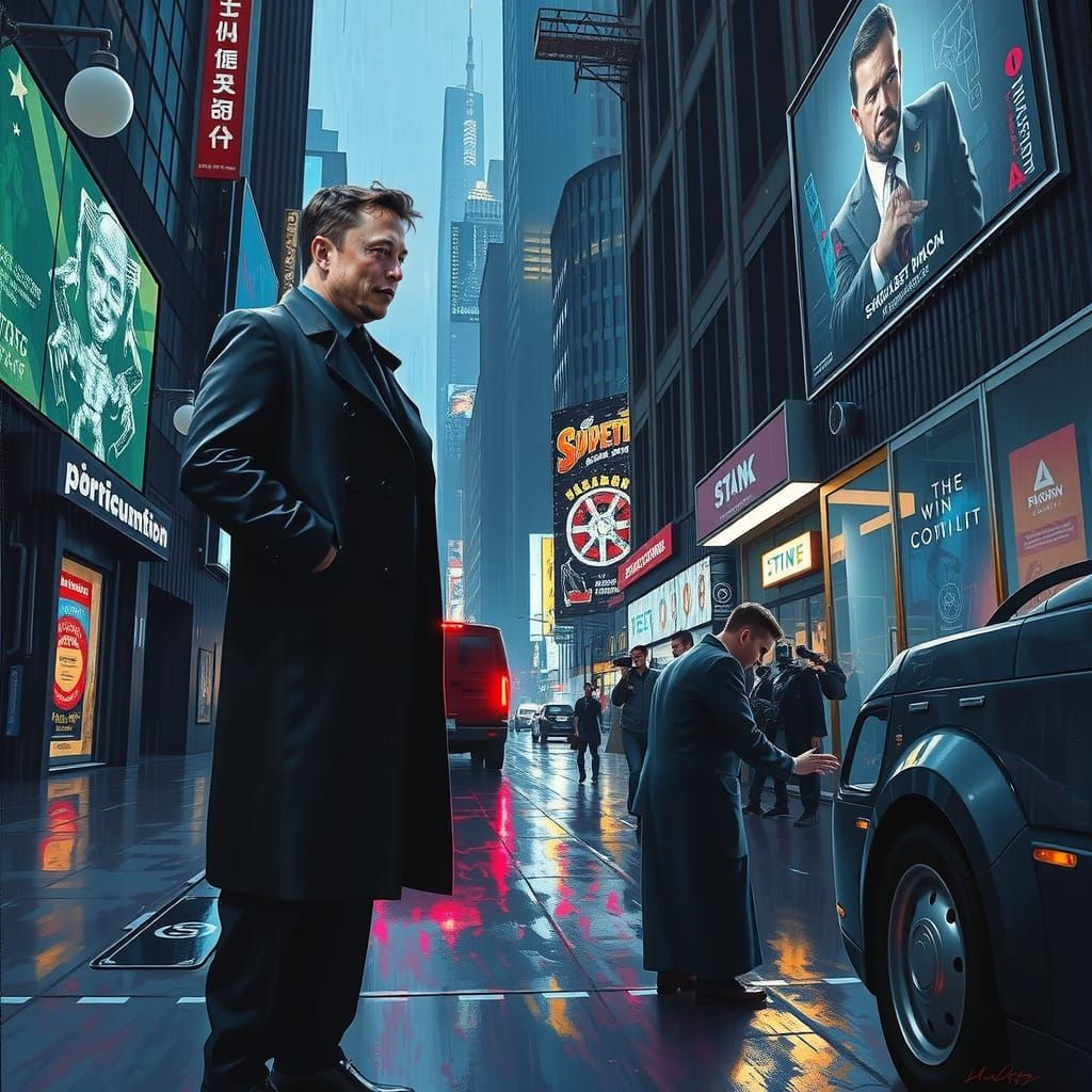 Elon Musk at Night City - Elon Musk in Neon Cityscape