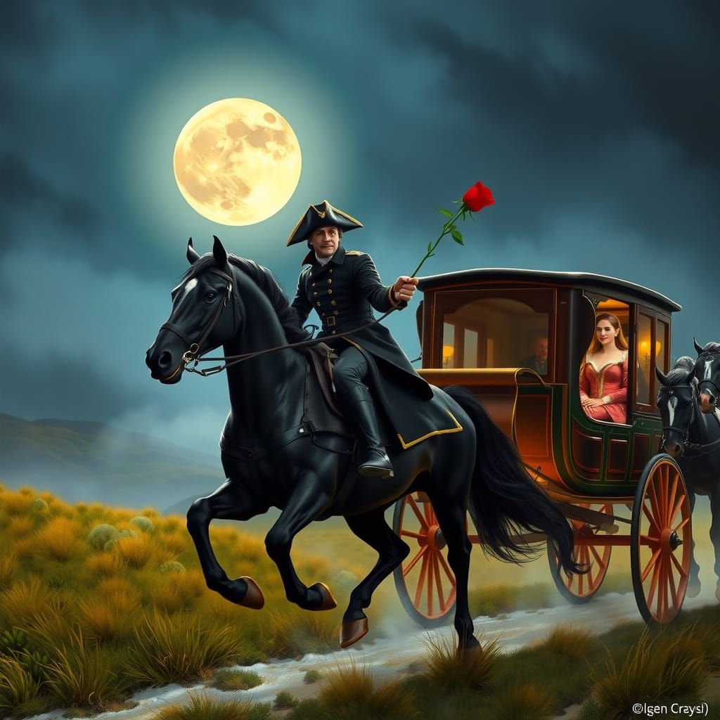 Dashing Highwayman Hands Rose to Lady Under Midnig... - AI Art