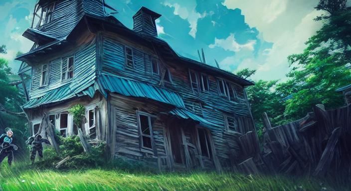 A Tower multi-storey Rickety Old House on a Hill on a Tiny Island, with ...