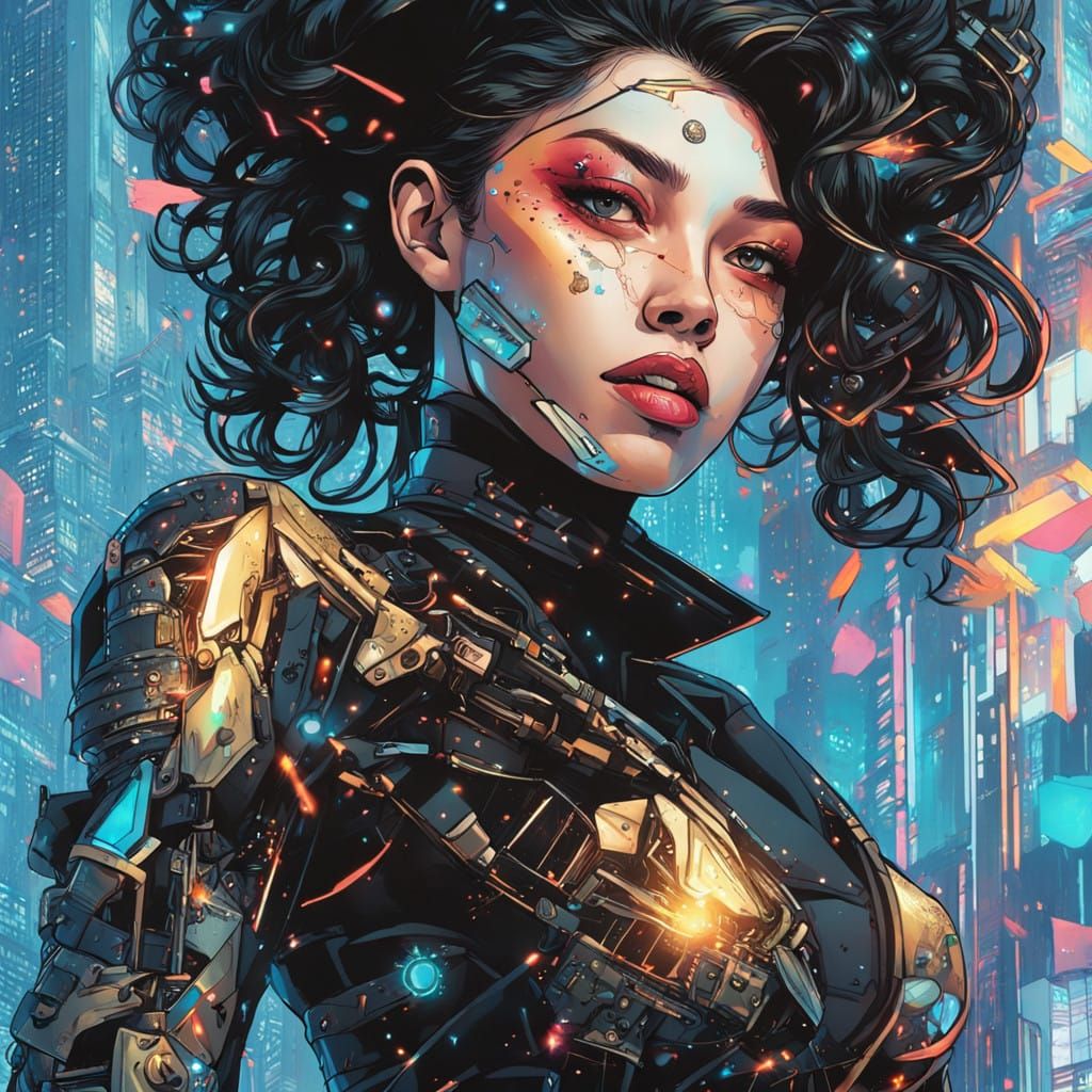 A masterpiece by Yuko Shimizu and Liam Wong and Conrad Roset :: female cyberpunk cyborg hunter ...