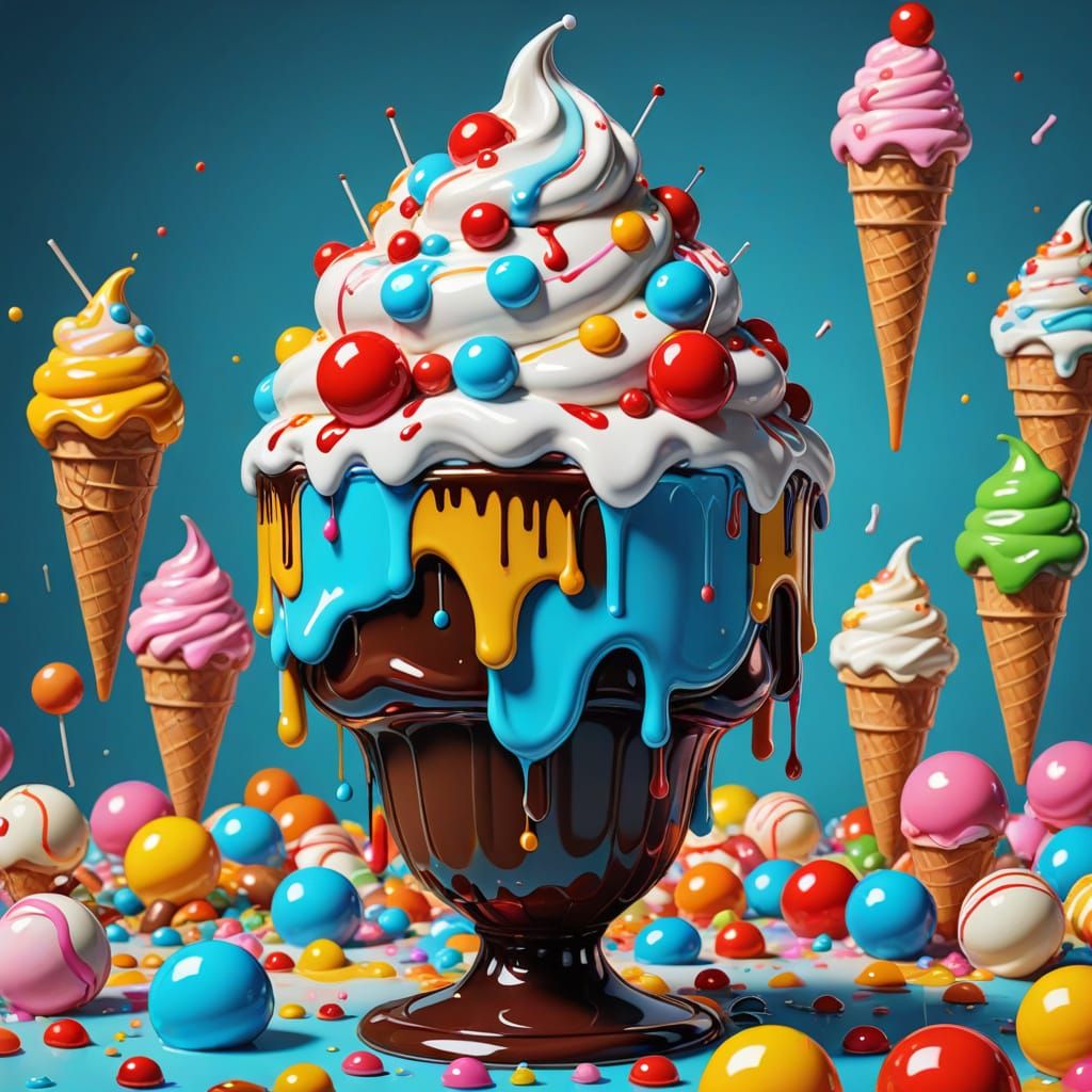 A giant sculpture of an ice cream sundae covered in dripping brown paint.