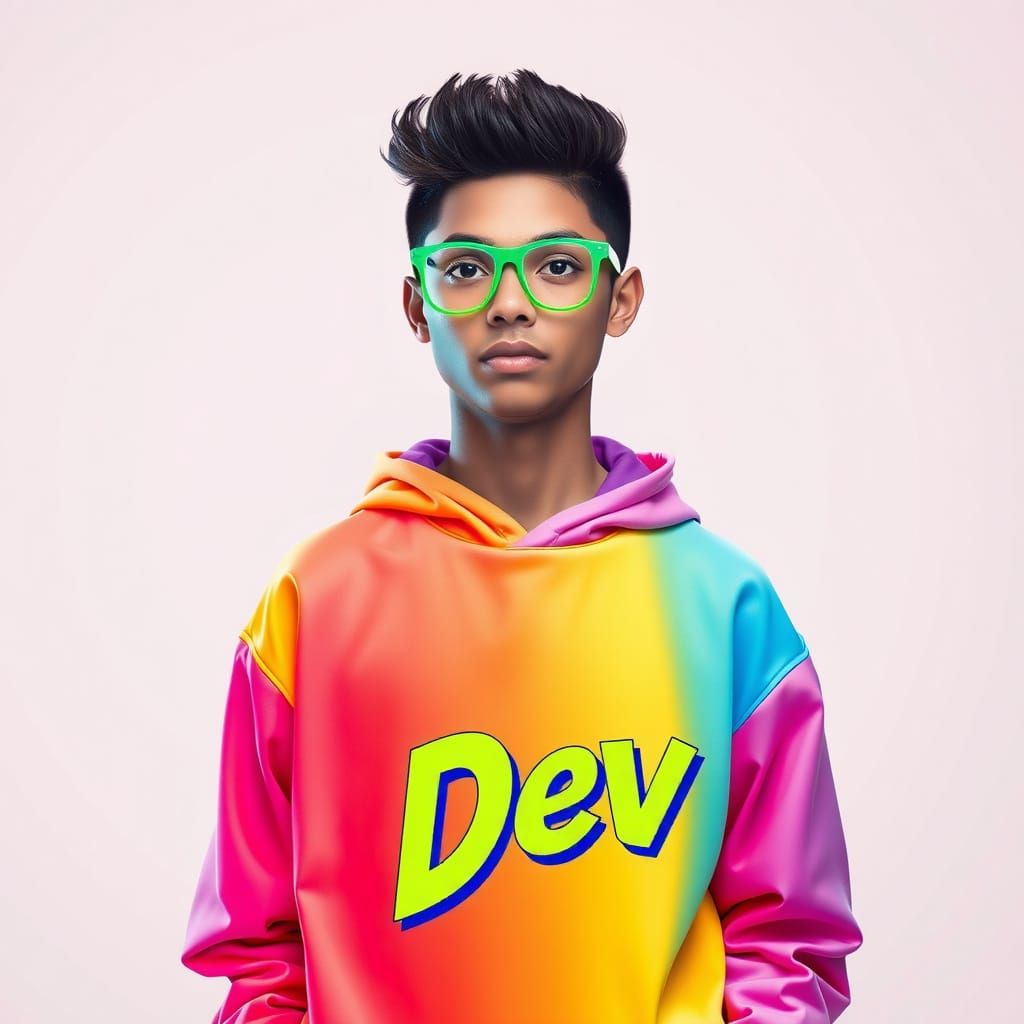 Confident Youth in Vibrant Gradient Outfit with Bo... - AI Art
