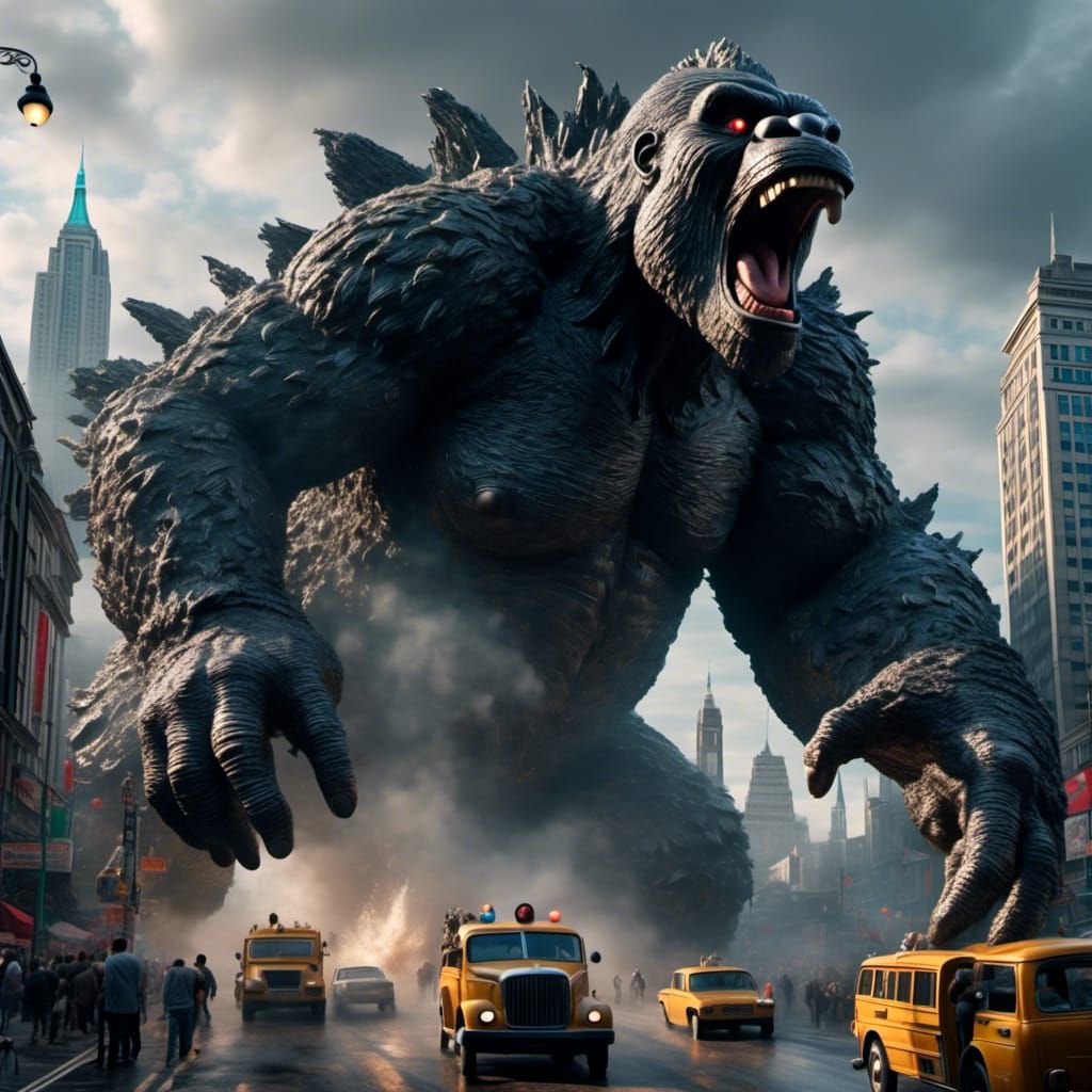 a battle between godzilla and king kong, extremely detailed, hyper ...