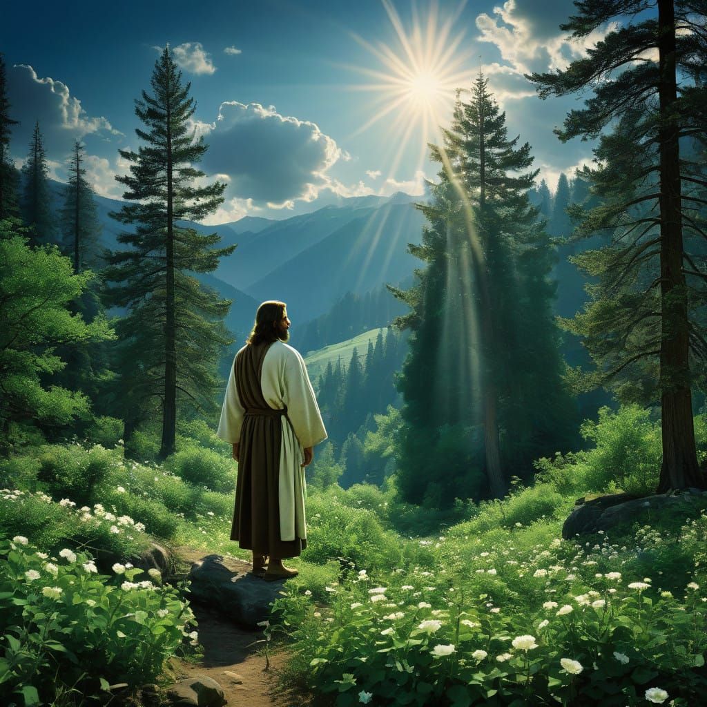 Serenely Standing Christ in a Lush Green Valley - AI Art