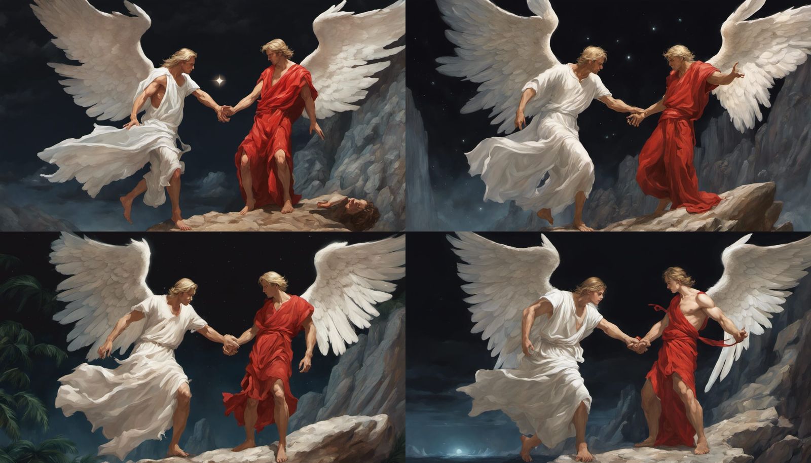 Two male angels confront each other in paradise at night atop an ...