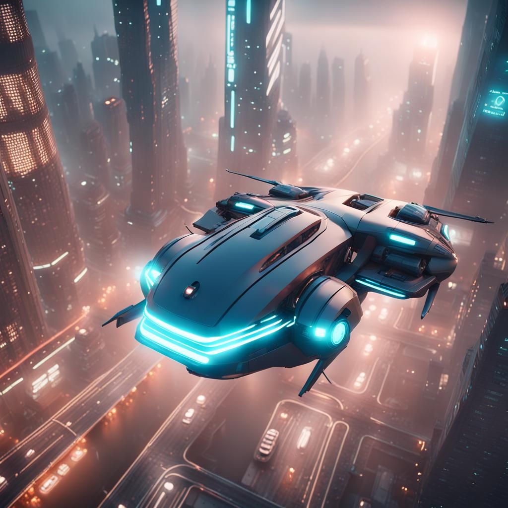 Aeril-view of Luxury Futuristic Flying Car flying over cyberpunk city ...
