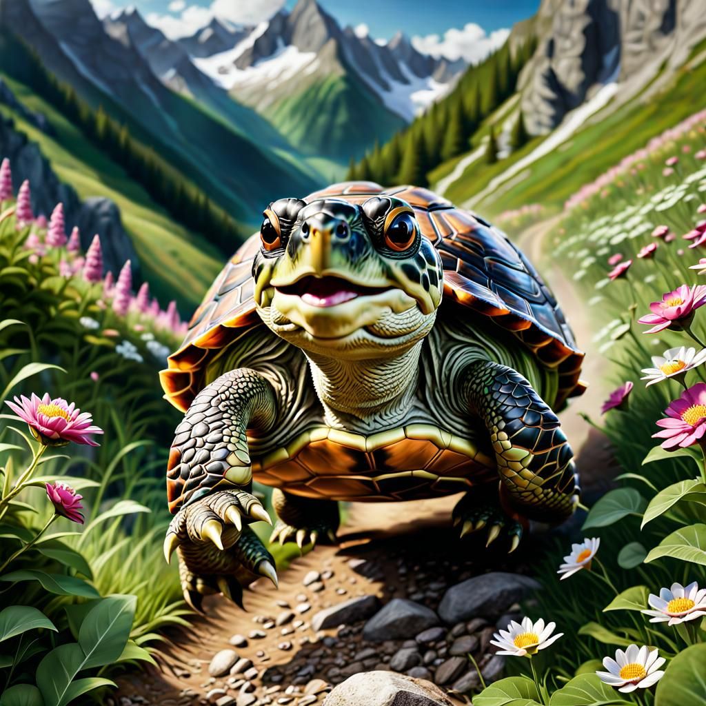 Turtle Hiking between the flower filled mountains of Austria - AI ...