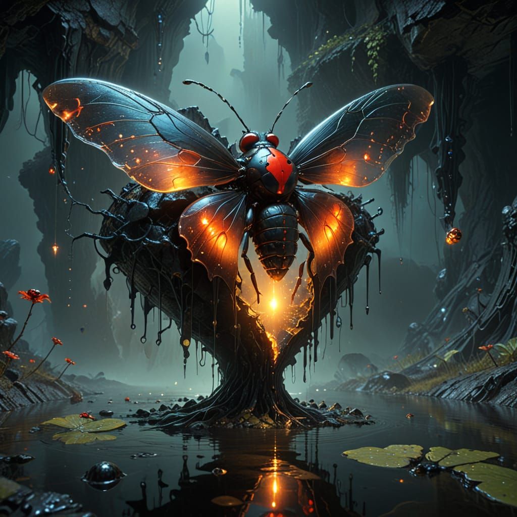 Biomechanical Firefly Blooms on Obsidian Isle, Sur... - AI Art