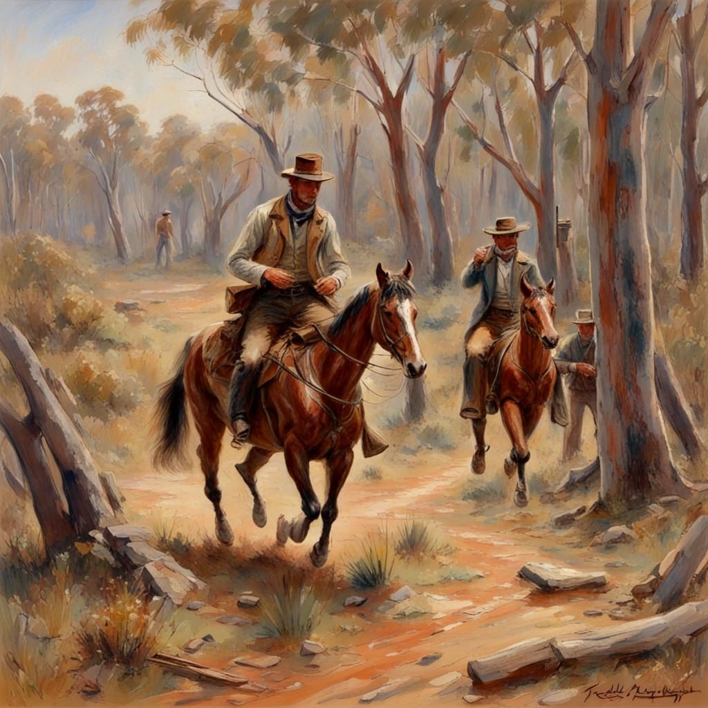 Bushrangers in the Australian bush, a painting in the style of ...