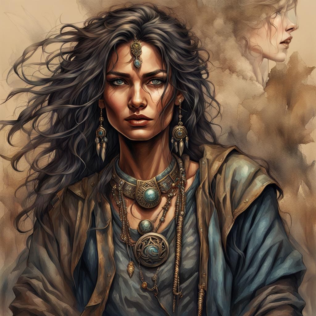 Stunning color sketch candid full-body fantasy illustration of a Romani ...