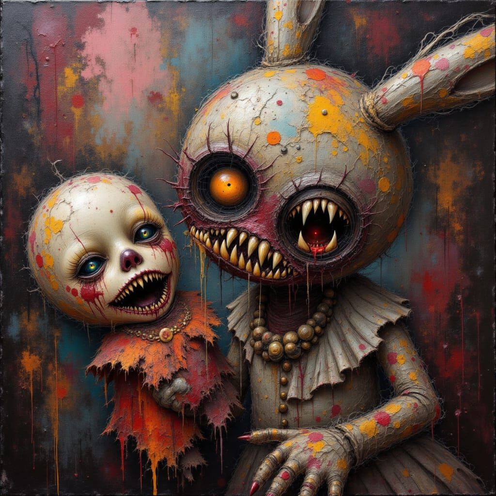 Derelict Gothic Clown with Wicked Teeth and Doll-H... - AI Art