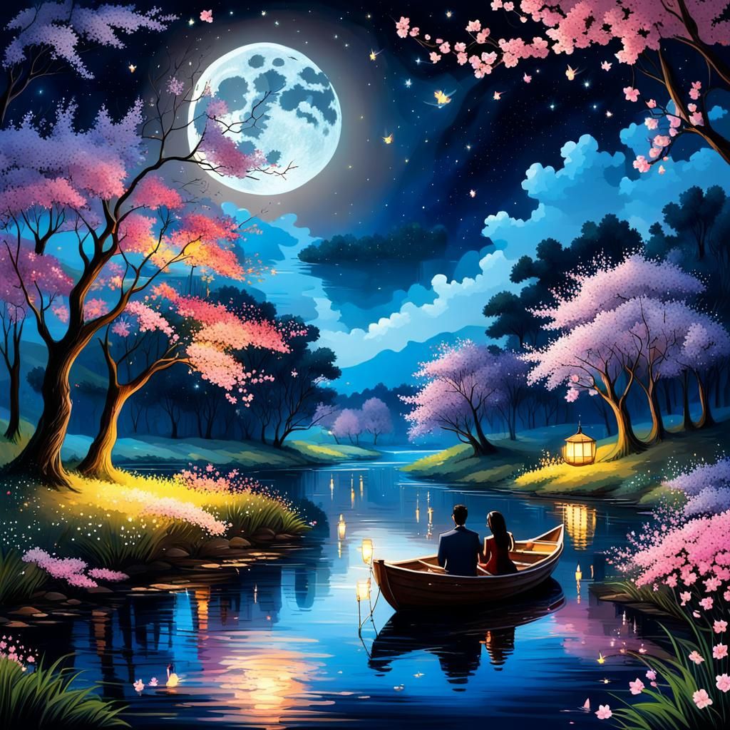 A magical and serene night scene featuring a full moon illuminating a ...