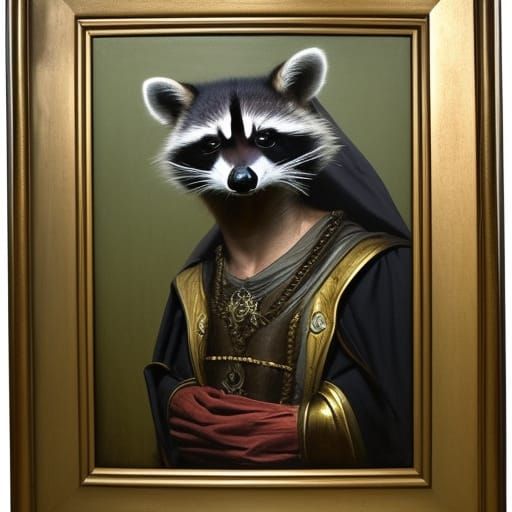 raccoon in a medieval lord closing full height portrait, old masters ...