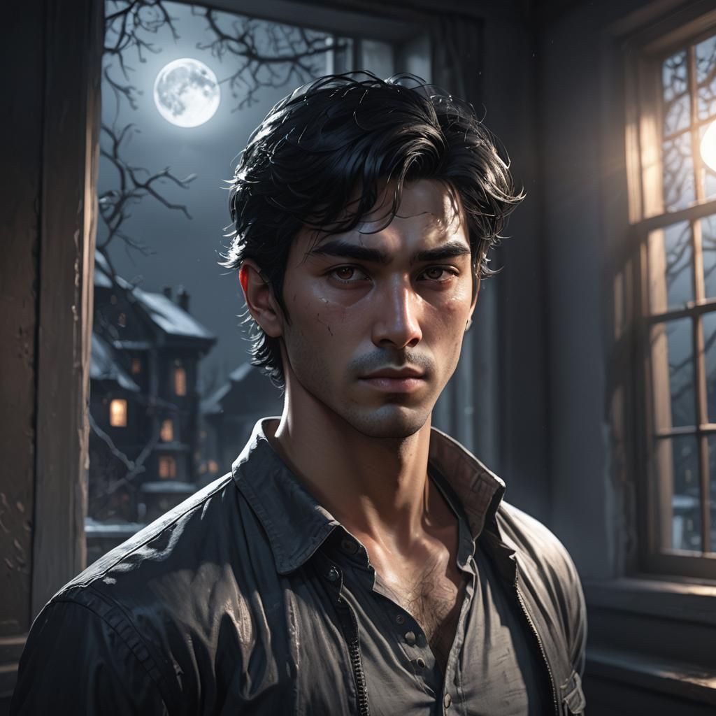 Male portrait, Moonlight Window - AI Generated Artwork - NightCafe Creator