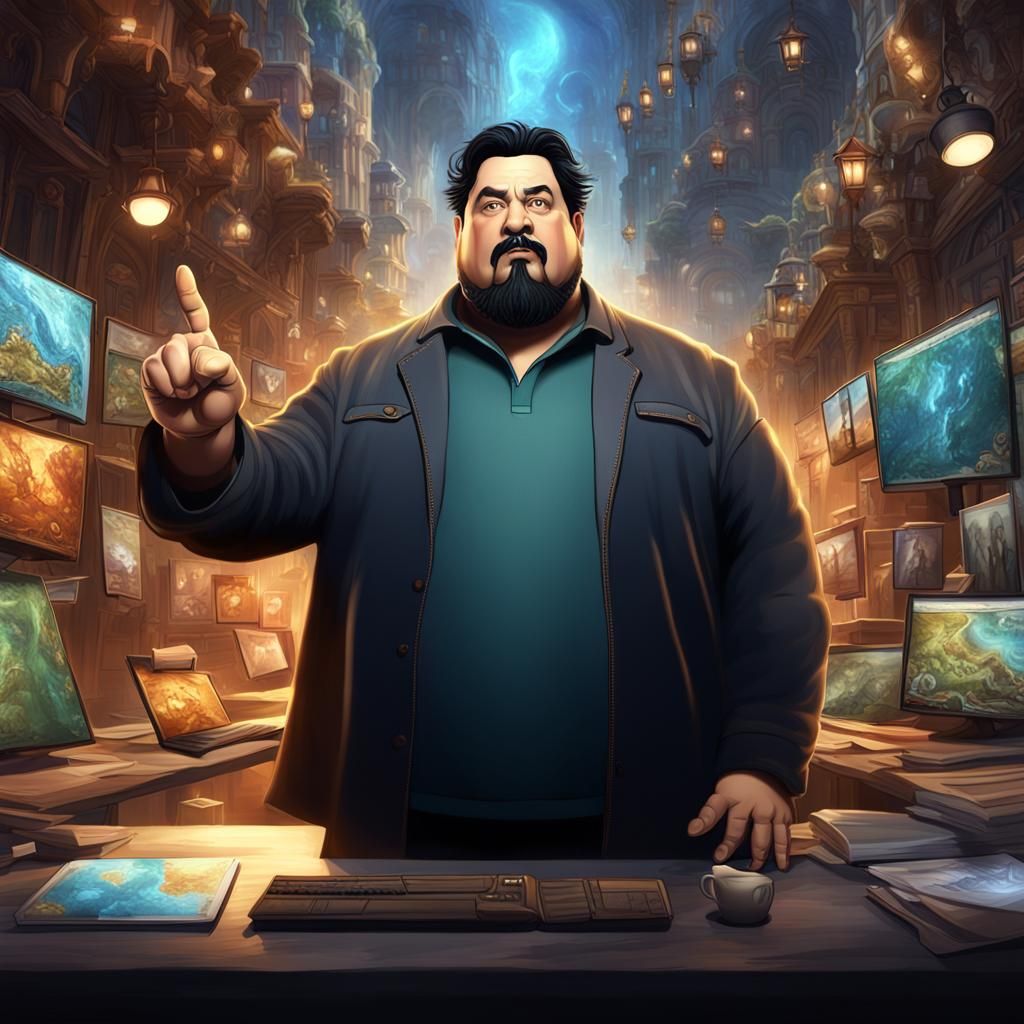 fat man with goatee with black hair showing a powerpoint while holding ...