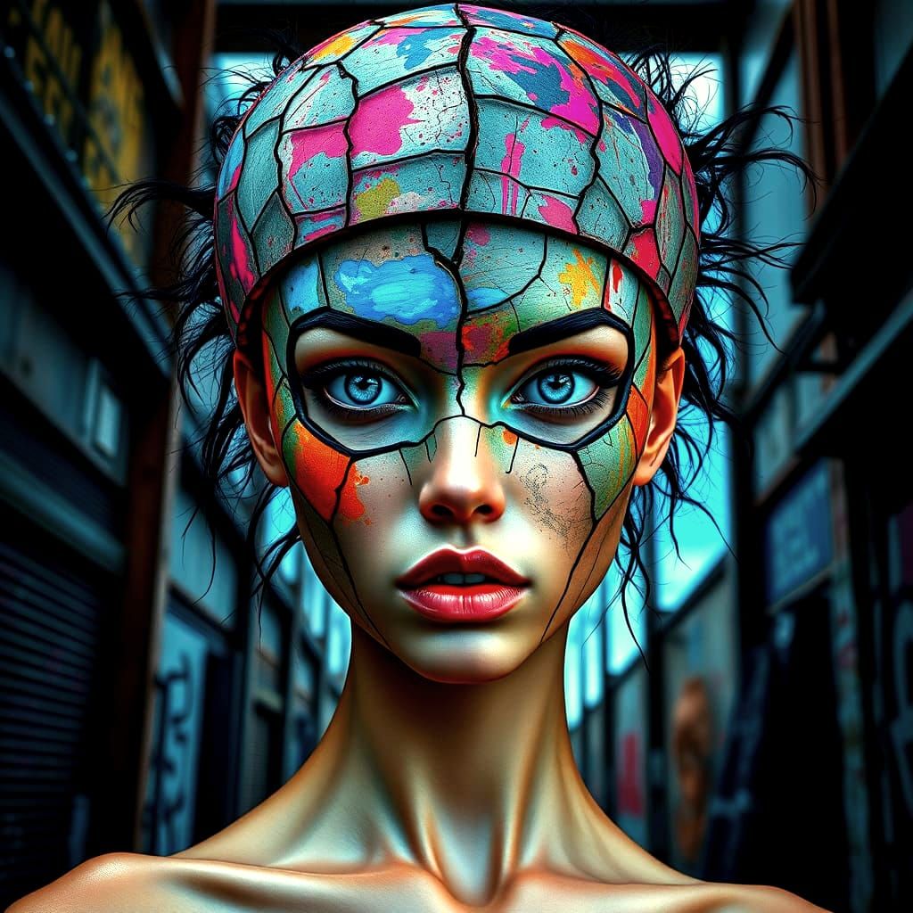 Graffiti Art of a Woman's Face in Urban Cityscape - AI Art