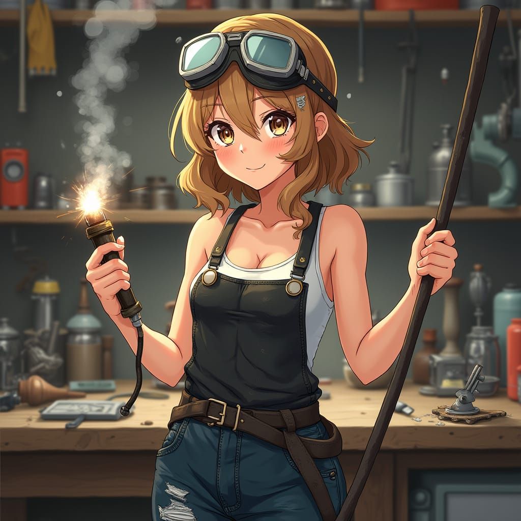 Anime Tsundere welder girl with light-brown hair and eyes in welding ...