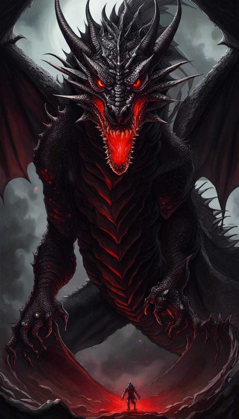 evil and massive black dragon man with red eyes; complete horror and ...