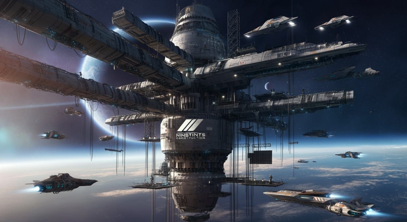 A sprawling space station under construction being built by robotic ...