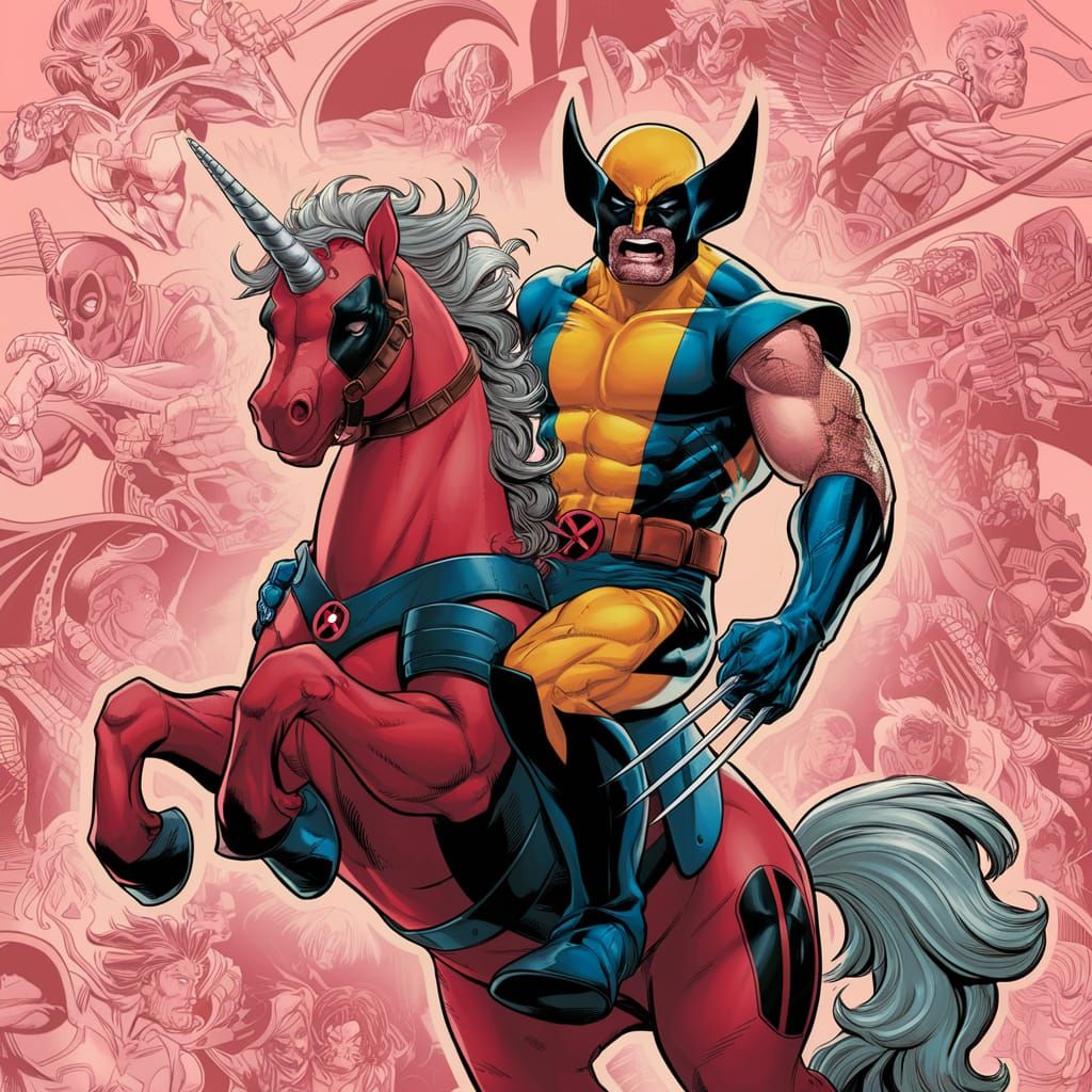 Wolverine wearing his yellow and blue costume riding a Unicorn dressed ...