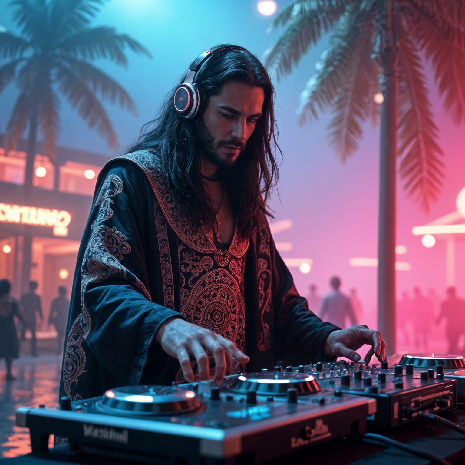 Ethereal Wizard DJ Under Neon Latin Groove - AI Art