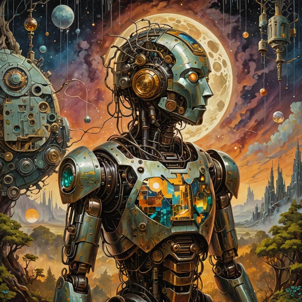 a painting of a Human-shaped (((Robot))) dreaming of an (((Atoms and ...