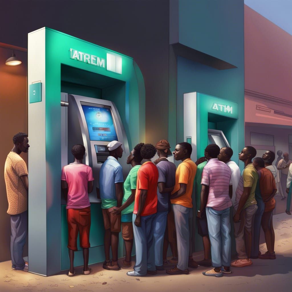 A long queue of people waiting to use an ATM machine in Nigeria - AI ...