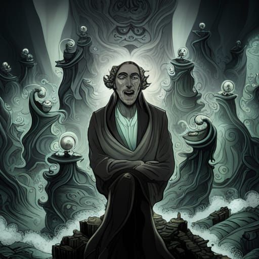 Hades floating above a sea of lost souls, dark colors, surreal, evil ...