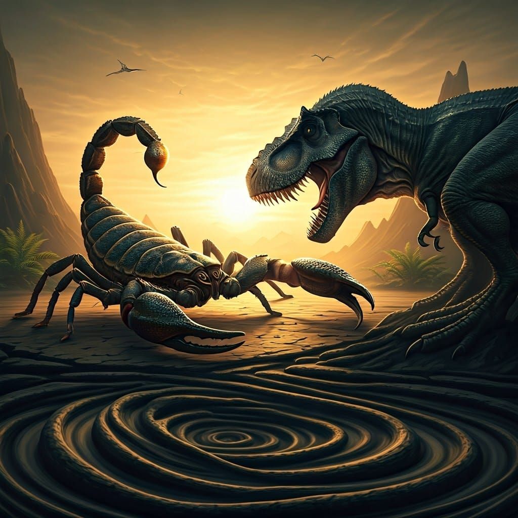 Primordial Clash: Ancient Scorpion vs. T-Rex in a ... - AI Art