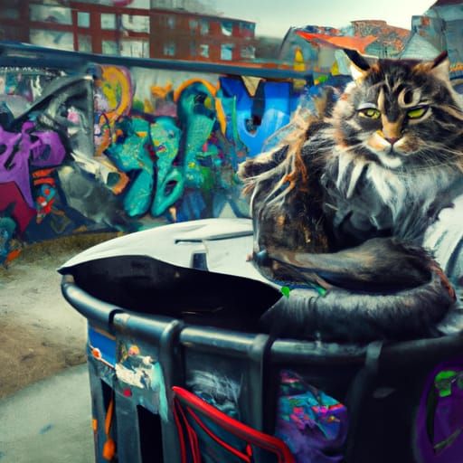 Photo of a scruffy alley cat on a trash can, graffiti on the wall - AI ...