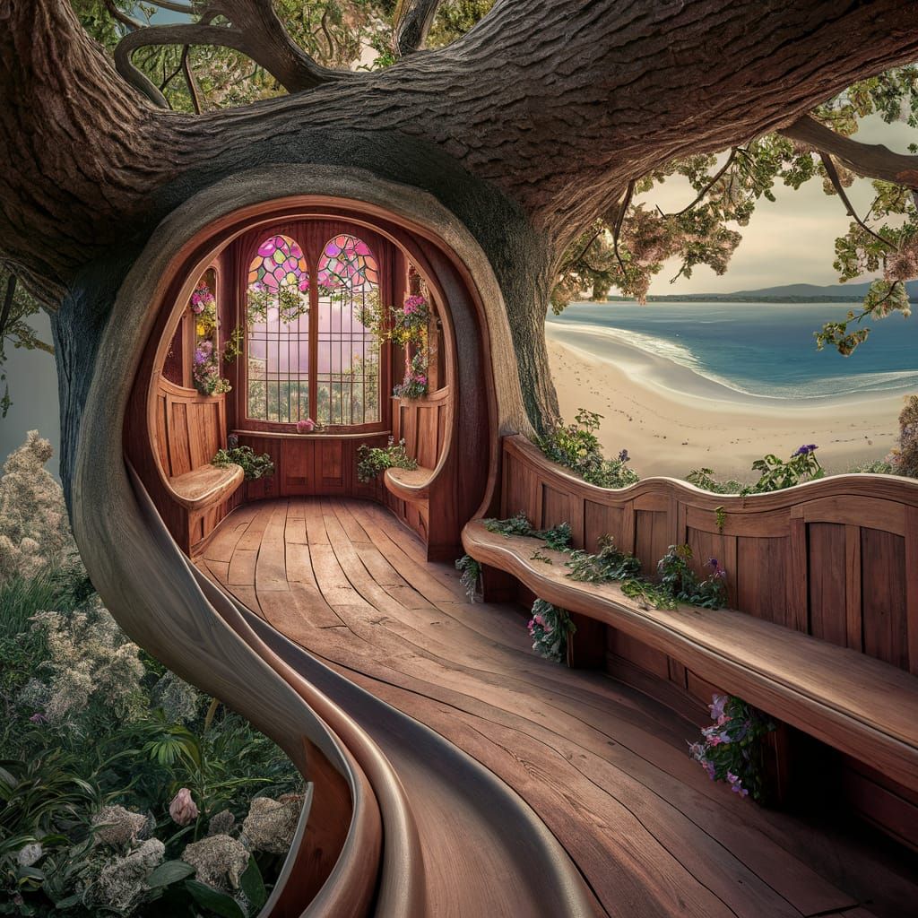 treehouse and walkway inside large living branch