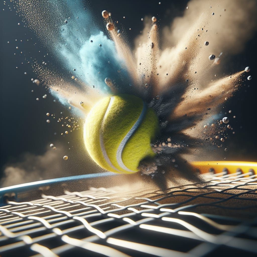 macro detail of a yellow tennis ball hitting a racket, blue powder ...