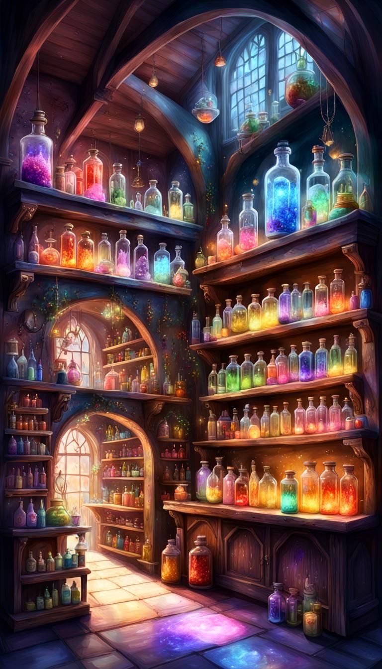A magical fantasy magic potion shop with volumetric lighting shelves of ...
