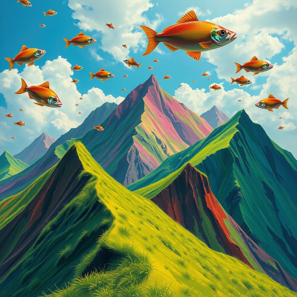Fish Over Surreal Mountains - Dreamlike Fish Swimming Over S...