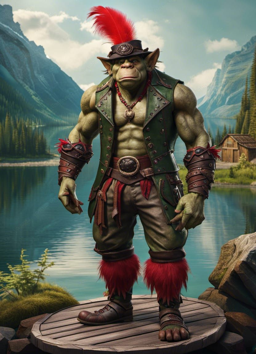 Muscular troll in leather waistcoat standing on dock by lake - AI ...