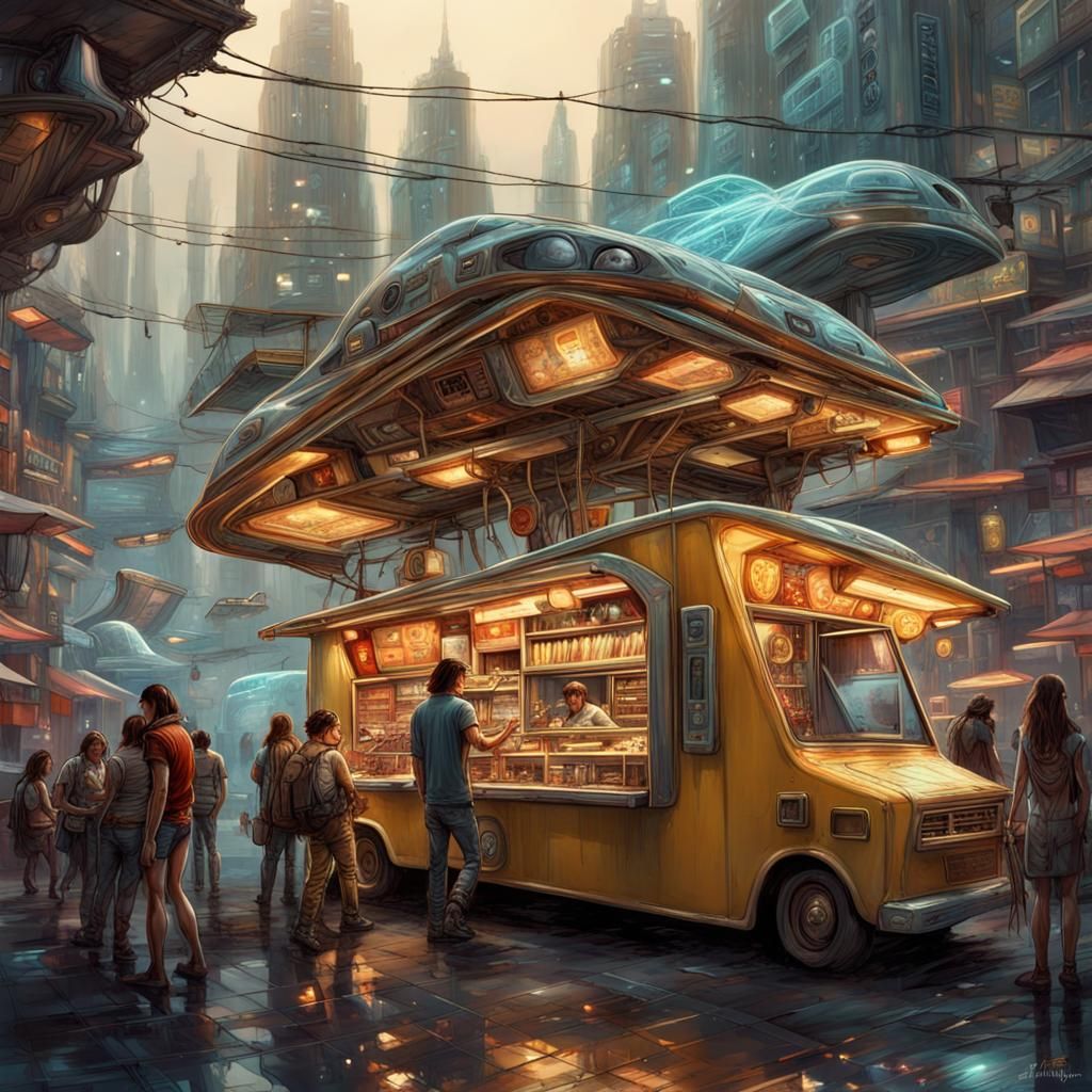 futuristic mexican taco food trucks during chaotic lunch rush, floating ...