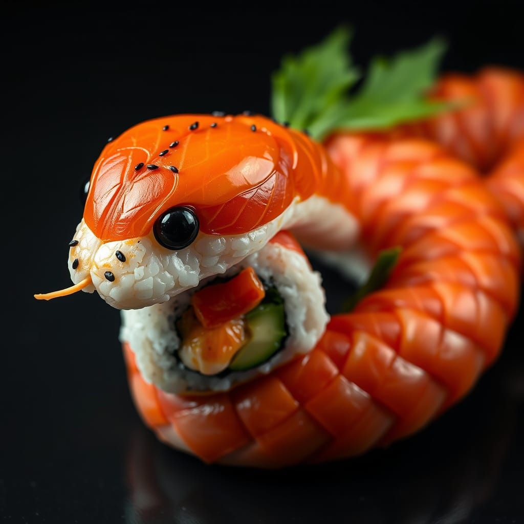 Hyper-Realistic Sushi Snake Sculpture in Moody Lig... - AI Art