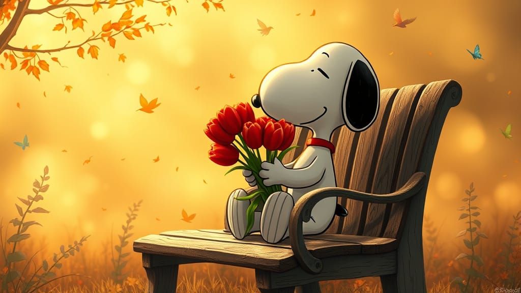 Snoopy in Golden Fog with Tulips, Anime Style - AI Art