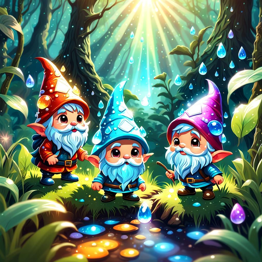 little cute chibi gnomes looking for easter eggs in the jungle, glowing ...
