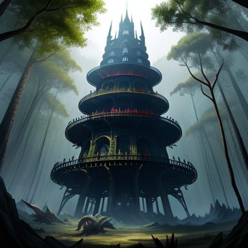Menacing Tower in Vibrant Forest, Guarded by Multi... - AI Art