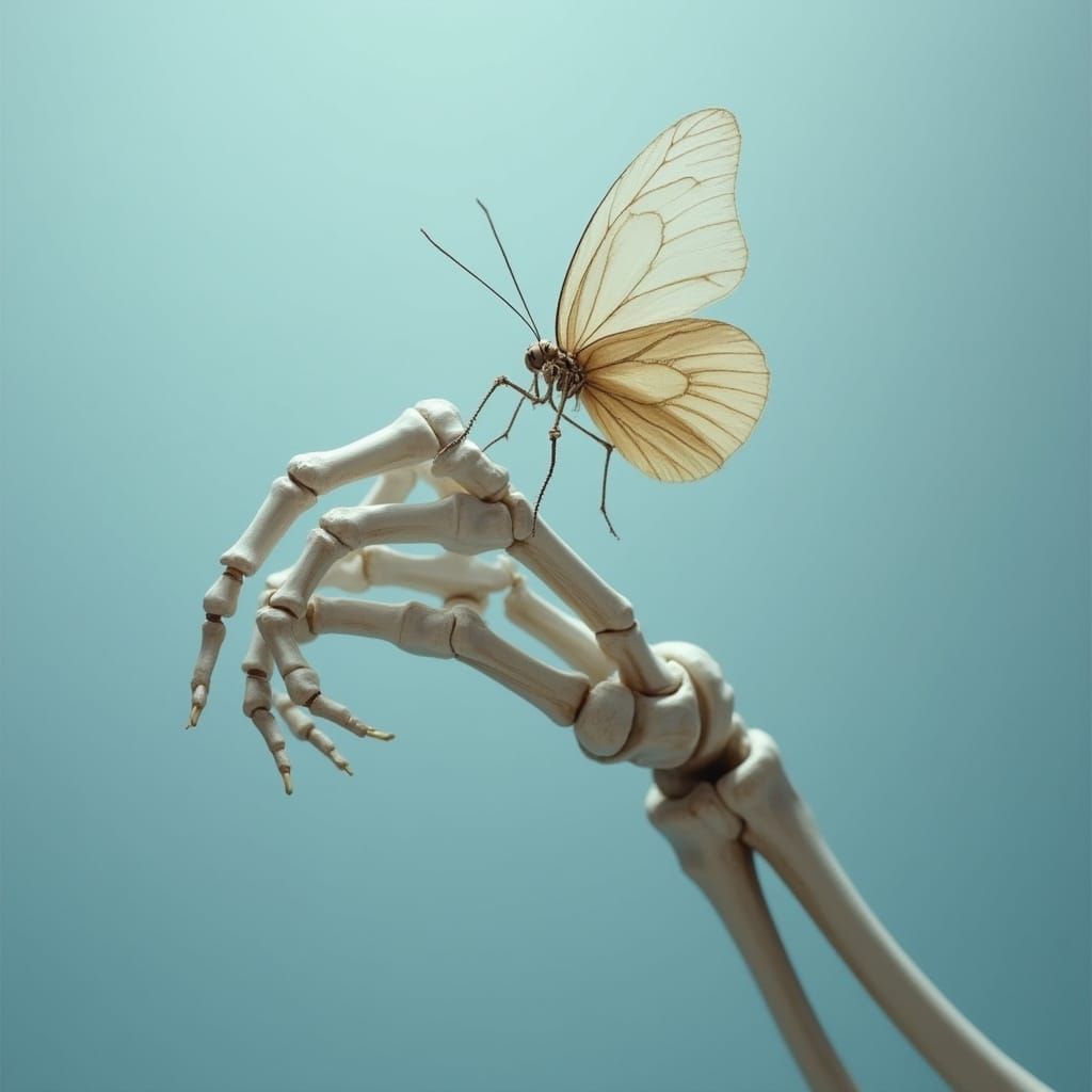 Skeletal Hand with Butterfly in Photorealistic Sty... - AI Art