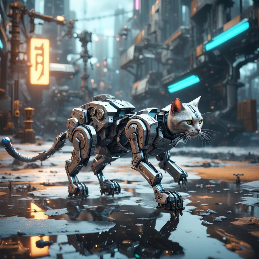 A cyborg cat searching for a life half real cat standing on her feets ...